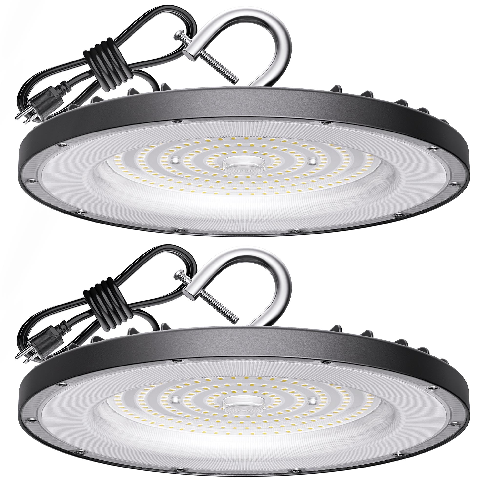 Yihuven UFO LED High Bay Light 150W, 21000lm (600W MH/HPS Equiv.), 5000K Daylight, IP65 Waterproof Commercial LED Shop Lights Fixture with 5' Cable US Plug for Warehouse Workshop Barn Factory, 2 Pack