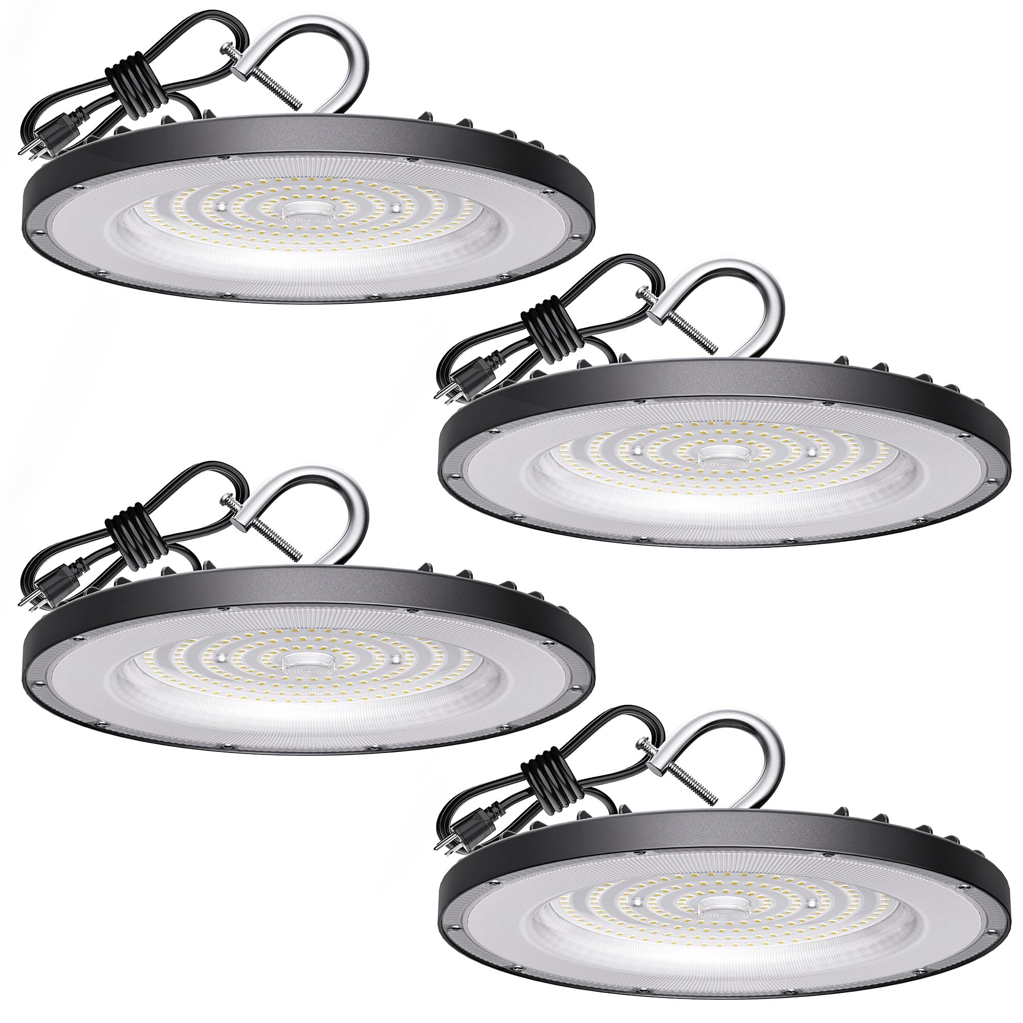 4 Pack UFO LED High Bay Light 150W(600W MH/HPS Equiv.), 21000lm, 5000K Daylight High Bay LED Shop Lights with 5' Cable US Hook, IP65 Commercial Light Fixture for Warehouse Workshop Barn Factory