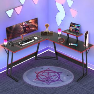 niamvelo l shaped gaming desk with large desktop & storage space - ideal for studying, working, and gaming - adjustable feet & optional tray table installation (black)