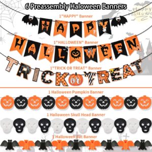 AhfuLife Halloween Party Decorations Set, Reusable Halloween Indoor Decorations Kit Including Happy Halloween Paper Banner for Home Decor, Trick or Treat Banner Sign, Hanging Swirl, Pumpkin Bat Banner