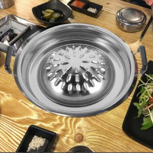 ABOOFAN Thai Korean BBQ Grill Pan Stainless Steel Barbecue Grill Topper Camping BBQ Pan for Shabu Vegetable Egg Pork Beef Meat Garlic Korean Cookware Silver