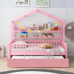 Harper & Bright Designs Wooden Twin Size House Bed with Trundle,Kids Bed with Shelf, White (Twin, Pink+Trundle1)