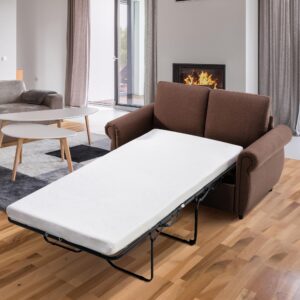 p purlove sleeper sofa bed, pull out sofa bed loveseat sleeper with twin size memory mattress, modern linen couch bed chairs for living room, bedroom and small space (brown)