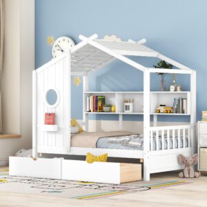 wooden twin size house bed with 2 drawers,kids bed with storage shelf,for kids boys girls teens bedroom use (twin, white@drawers)