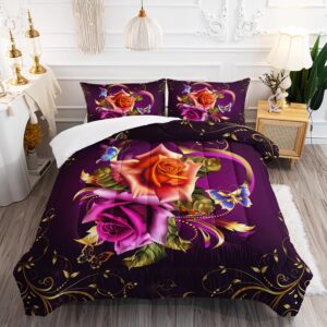 ailonen red rose comforter set queen size, gold botanical floral bedding set,purple hearts comforter set for girls women,rose butterfly comforter and 2 pillowcases,3 pieces