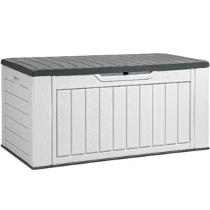 dwvo xl 160 gallon large deck box, waterproof outdoor storage box for patio furniture cushions, garden tools and pool supplies,weather resistant resin, lockable, light grey