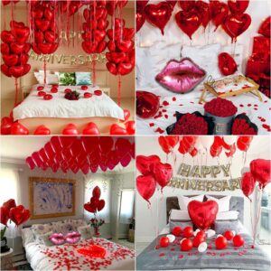 Anniversary Decorations, Happy Anniversary Banner, Latex Heart Balloons, Foil Heart Balloons, Red Silk Rose Petals for Romantic Night Weddings Bridal Showers Bachelorette Party Decorations