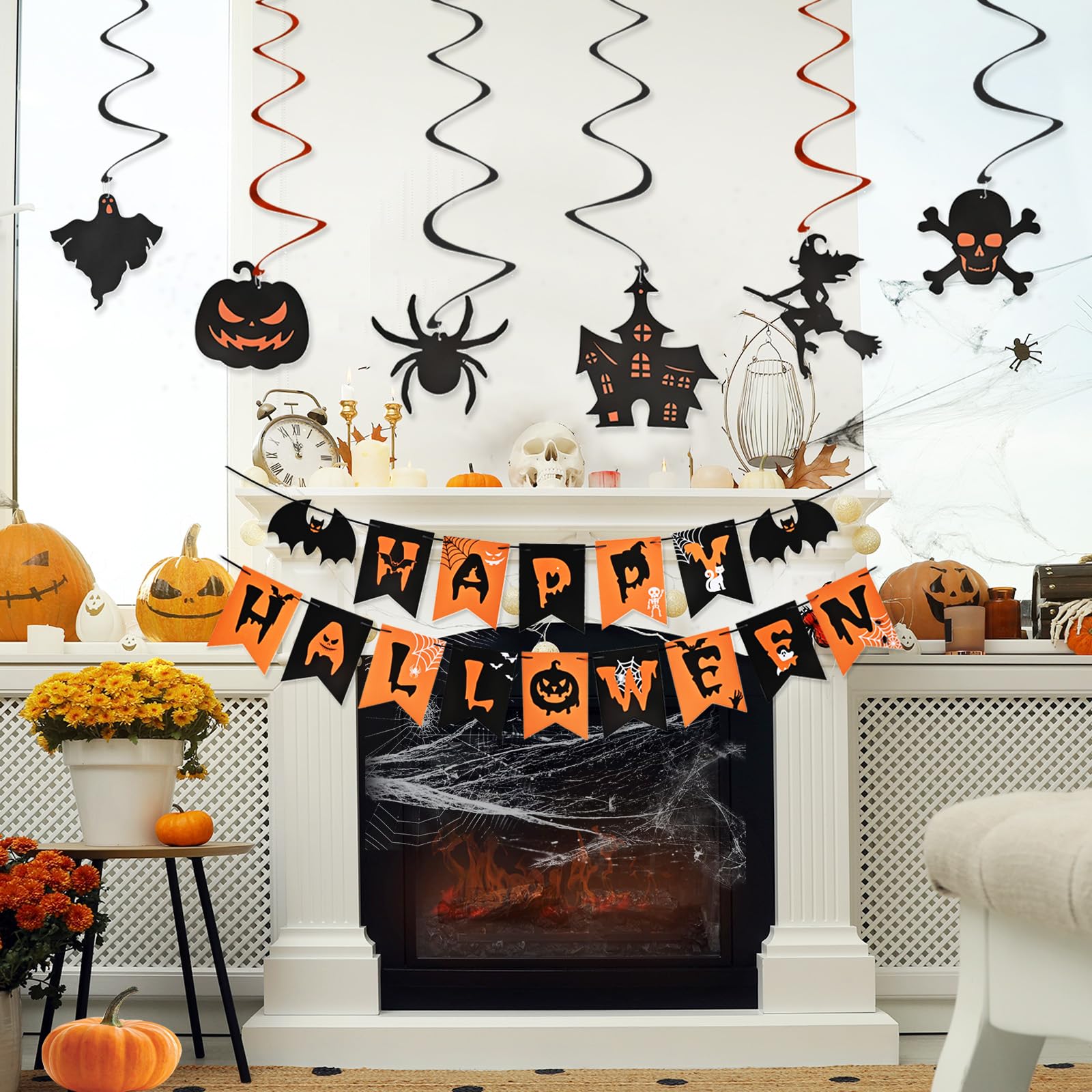 AhfuLife Halloween Party Decorations Set, Reusable Halloween Indoor Decorations Kit Including Happy Halloween Paper Banner for Home Decor, Trick or Treat Banner Sign, Hanging Swirl, Pumpkin Bat Banner