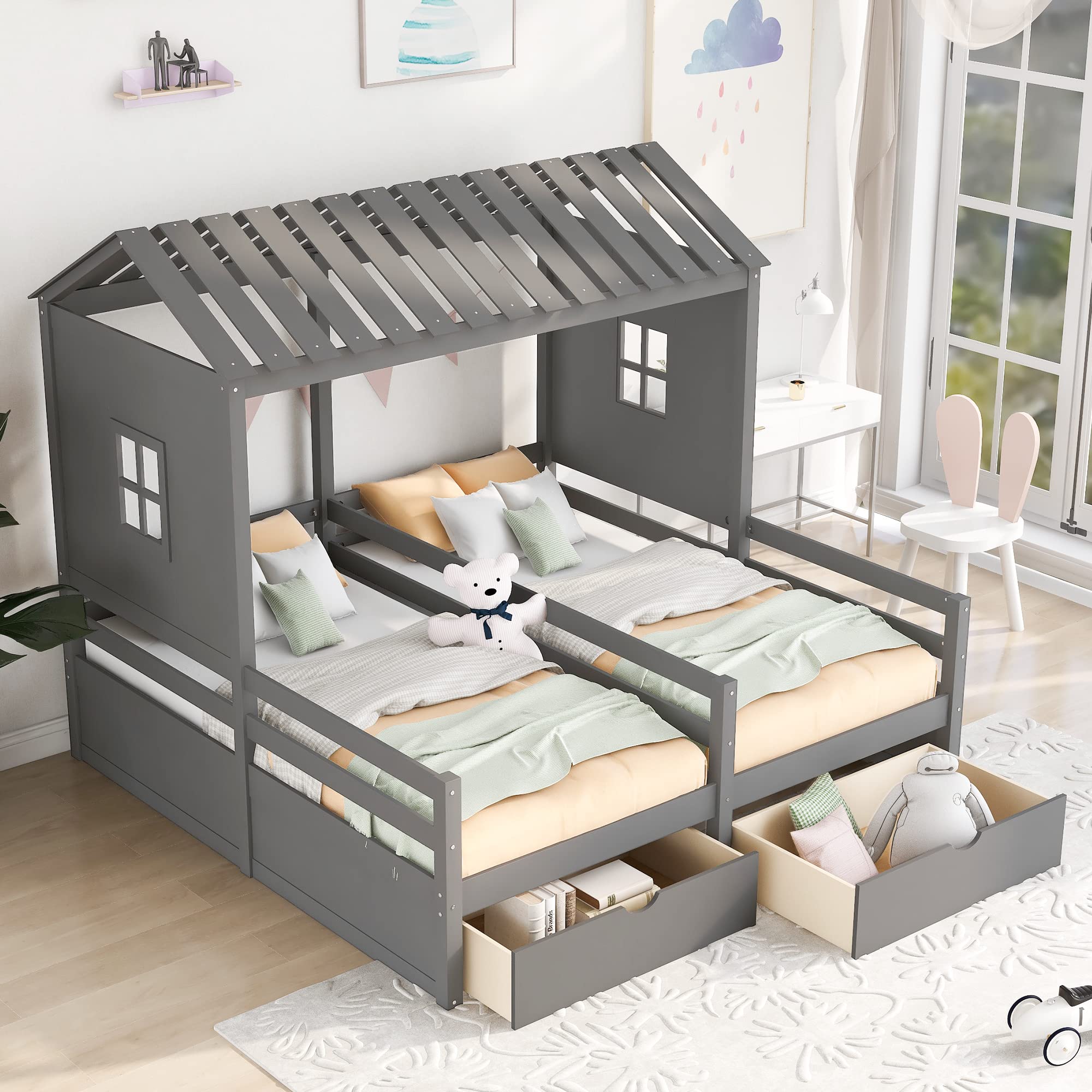 P PURLOVE Twin Double Shared Bed,Twin Size House Platform Beds with Two Drawers for Boy and Girl Shared Beds, Montessori House Bed Frame Combination of 2 Side by Side Twin Size Beds,Gray