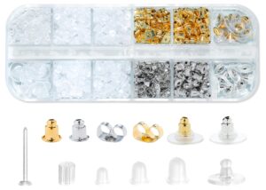 nkwuire 12 styles 600 pcs earring backs for studs, clear plastic earrings hypoallergenic metal rubber silicone earring backs bullet clutch stoppers replacement kits for fish hook earring studs hoops