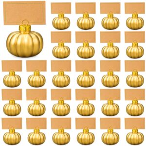 Soaoo 24 Set Thanksgiving Glass Harvest Pumpkin Place Card Holders with Thanksgiving Greeting Cards Fall Pumpkin Decor Table Name Holders Table Sign Card Holder for Thanksgiving Wedding Party (Gold)