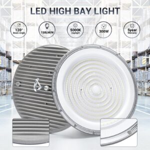 XYCN 4 Pack 300W UFO Led High Bay Light,100-277v,5000K Daylight Commercial Bay Lighting,IP66 Waterproof,45050LM,1300W MH/HPS With Plug Area Lighting For Warehouse/Shop/Workshop/Garage/Barn/Gym/Factory