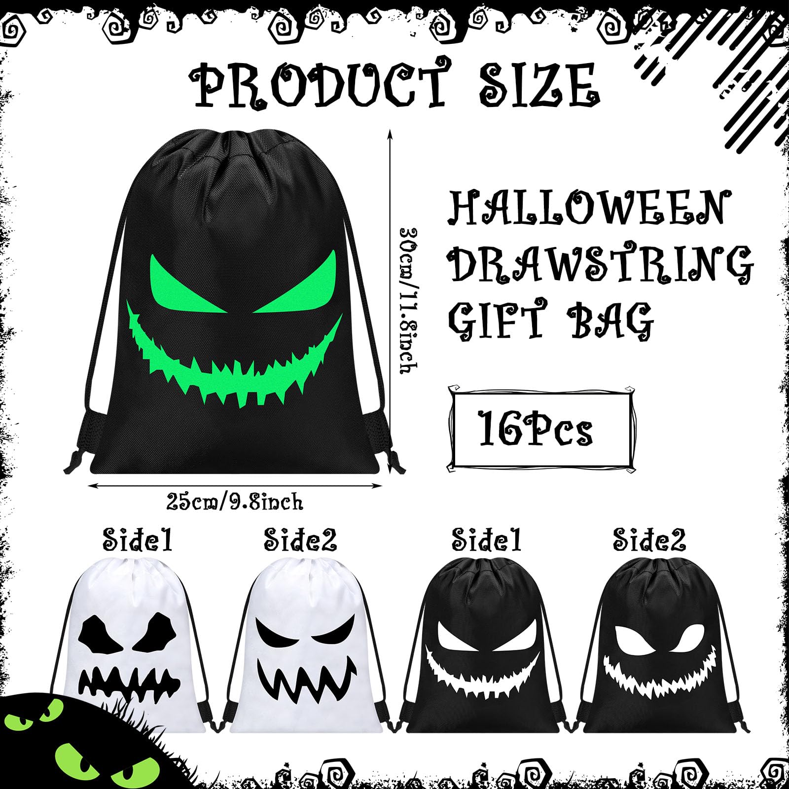 Paterr 16 Pcs Halloween Favor Bags Spooky Face Small Drawstring Bag Bat Carnival Candy Goodie Treat Gift Bag for Classroom Halloween Birthday Party Decor (10'' x 12")