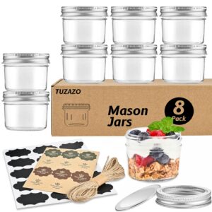 tuzazo small mason jars 8 pack, 4 oz mini glass mason jars with lids and labels, small glass canning jars for jelly spice herbs honey jam storage