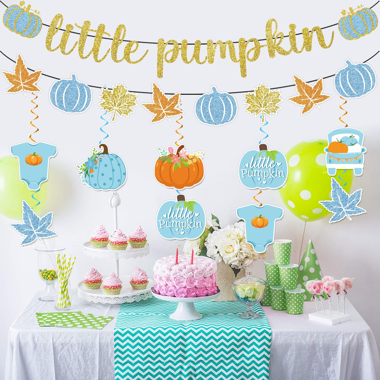 Little Pumpkin Baby Shower Deorations, Fall Leaves Blue Little Pumpkin Banner and Pumpkins Hanging Swirls, Fall Theme Boy Baby Shower Little Pumpkin Birthday Party Decorations