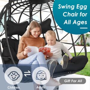 NICESOUL® 2 Seater Egg Swing Chair with Stand Double Person Outdoor Swing 510Lbs Capacity Large Black Hanging Chair Two Person Gray Rattan Black Olefin Cushions 510lbs Capacity