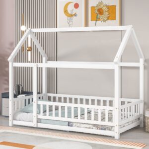 lls twin floor bed frame with fence, wooden montessori bed, house bed for boys girls bedroom, white