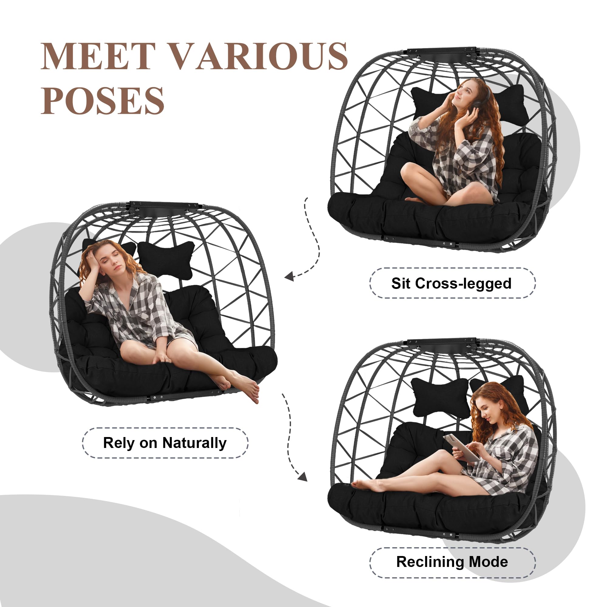 NICESOUL® 2 Seater Egg Swing Chair with Stand Double Person Outdoor Swing 510Lbs Capacity Large Black Hanging Chair Two Person Gray Rattan Black Olefin Cushions 510lbs Capacity