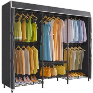 vipek v5c se garment rack wardrobe closet, heavy duty clothes rack with adjustable shelves and black upgraded polyester cover, black metal clothing storage organizer for bedroom, 70.1" lx17.3 wx76.4 h