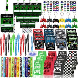 146 pcs video game party favors, gamer party favors -ink pen notebook vip passes with lanyards slap bracelets keychains bags tattoo stickers for kids gaming party favors game on birthday party favor