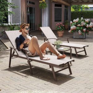 Crestlive Products Aluminum Chaise Lounge Set of 3,Patio Lounge Chairs Five-Position and Full Flat Outdoor Recliner All Weather for Patio, Beach, Yard, Pool (3PCS Beige)