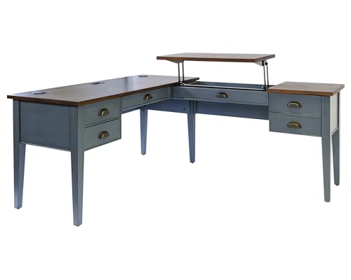 Farmhouse Wood Half-Pedestal Writing Desk and Return, Open L-Shaped Table and Return, Office Desk and Return, Blue