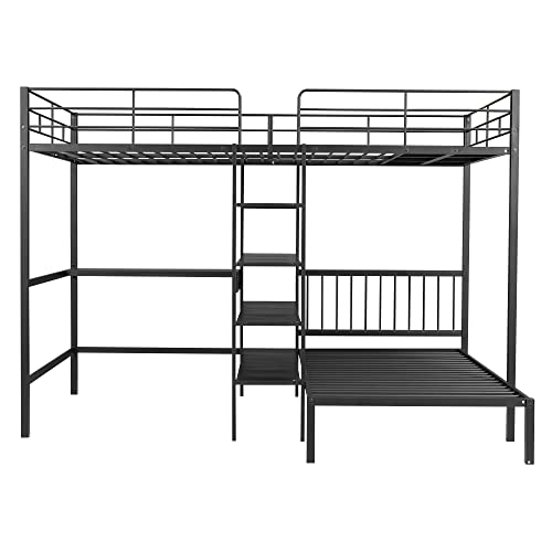 BOVZA Full Over Twin Metal Bunk Bed with Built-in Desk, Storage Shelves and Ladder, L Shaped Loft Bed Frame for Kids, Teens, Girls, Boys, Black