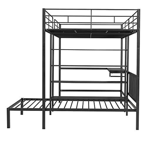 BOVZA Full Over Twin Metal Bunk Bed with Built-in Desk, Storage Shelves and Ladder, L Shaped Loft Bed Frame for Kids, Teens, Girls, Boys, Black