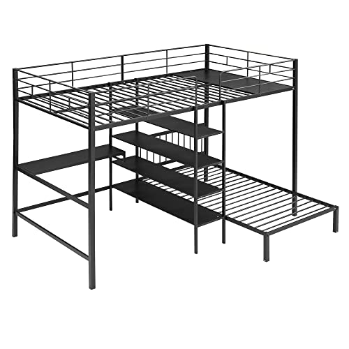 BOVZA Full Over Twin Metal Bunk Bed with Built-in Desk, Storage Shelves and Ladder, L Shaped Loft Bed Frame for Kids, Teens, Girls, Boys, Black