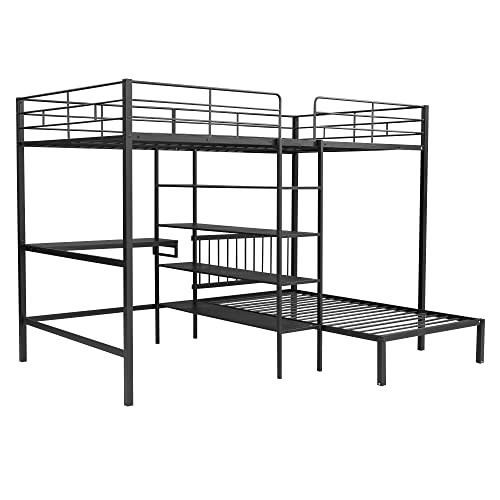 BOVZA Full Over Twin Metal Bunk Bed with Built-in Desk, Storage Shelves and Ladder, L Shaped Loft Bed Frame for Kids, Teens, Girls, Boys, Black