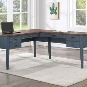 Farmhouse Wood Half-Pedestal Writing Desk and Return, Open L-Shaped Table and Return, Office Desk and Return, Blue