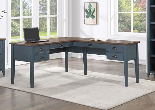 Farmhouse Wood Half-Pedestal Writing Desk and Return, Open L-Shaped Table and Return, Office Desk and Return, Blue