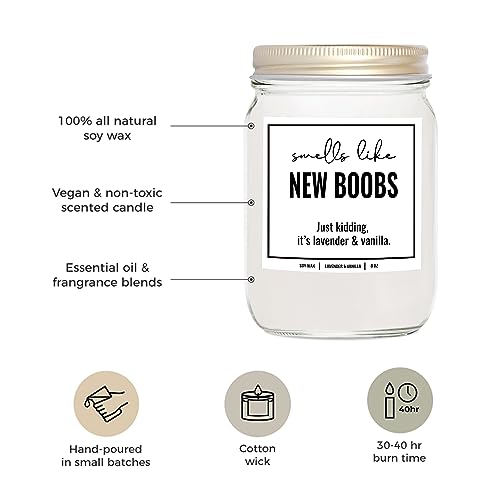 YouNique Designs Smells Like New Boobs All Natural Vegan Soy Candle 8oz - Breast Reduction, Augmentation, Mastectomy, Cancer Survivor, and After Breast Surgery Gifts for Women (Lavender & Vanilla)