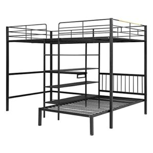 BOVZA Full Over Twin Metal Bunk Bed with Built-in Desk, Storage Shelves and Ladder, L Shaped Loft Bed Frame for Kids, Teens, Girls, Boys, Black