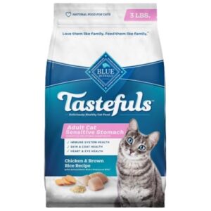 blue buffalo tastefuls natural dry food for adult cats, sensitive stomach, chicken & brown rice recipe, 3-lb. bag