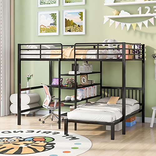 BOVZA Full Over Twin Metal Bunk Bed with Built-in Desk, Storage Shelves and Ladder, L Shaped Loft Bed Frame for Kids, Teens, Girls, Boys, Black