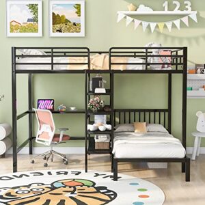 BOVZA Full Over Twin Metal Bunk Bed with Built-in Desk, Storage Shelves and Ladder, L Shaped Loft Bed Frame for Kids, Teens, Girls, Boys, Black