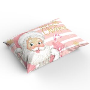 Boanket Pink Santa 3 Pieces Christmas Bedding Set Cal. King Size, Xmas Snowflake Soft Duvet Cover Set Comforter Cover Set with Zipper Closure All-Season Breathable Bedding Set Pink White Striped