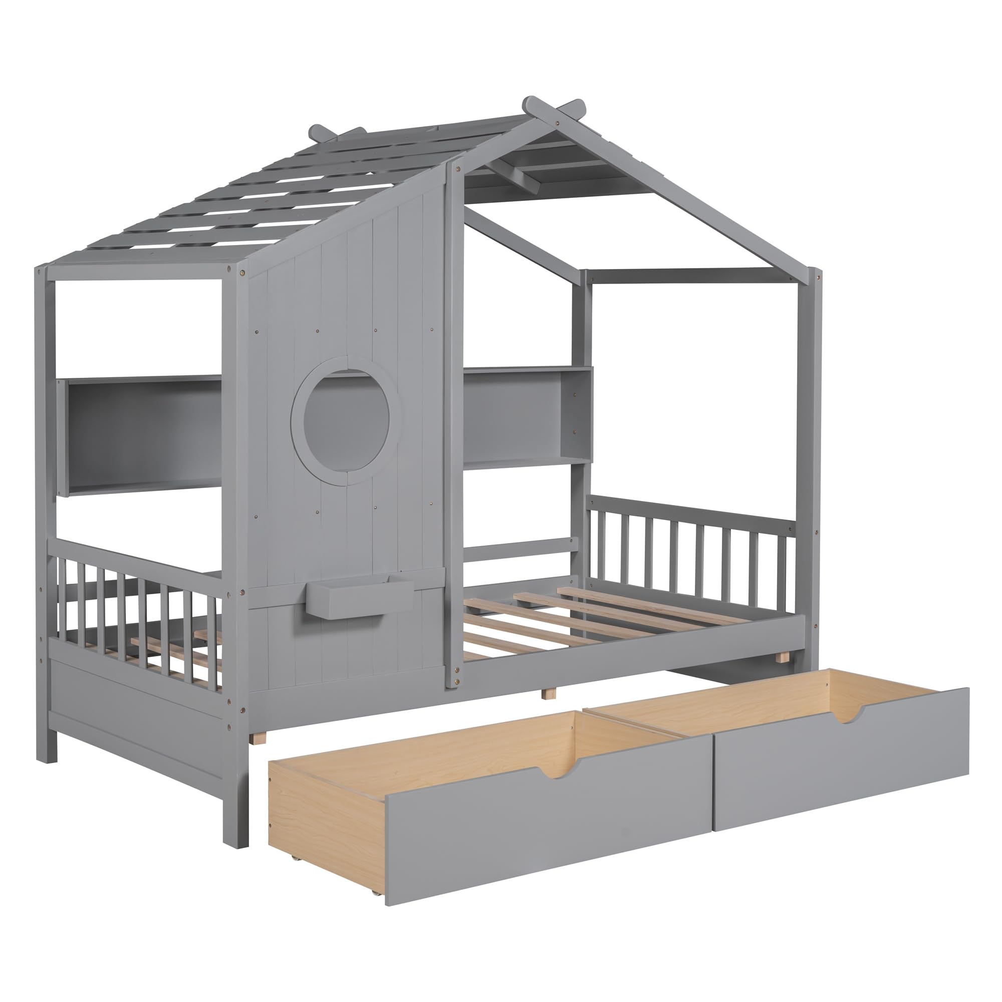 BEDGJH Kids House Bed Twin Platform Beds for Girls Boys, Wooden Twin Size House Bed with 2 Drawers and Storage Shelf, Easy Assembly, No Box Spring Needed (Gray, Twin)