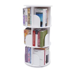 3 tier white rotating bookshelf, 360 display small book shelf, corner bookshelf for small space, floor standing bookcase storage rack, pvc narrow book shelf organizer for office, bedroom, living room