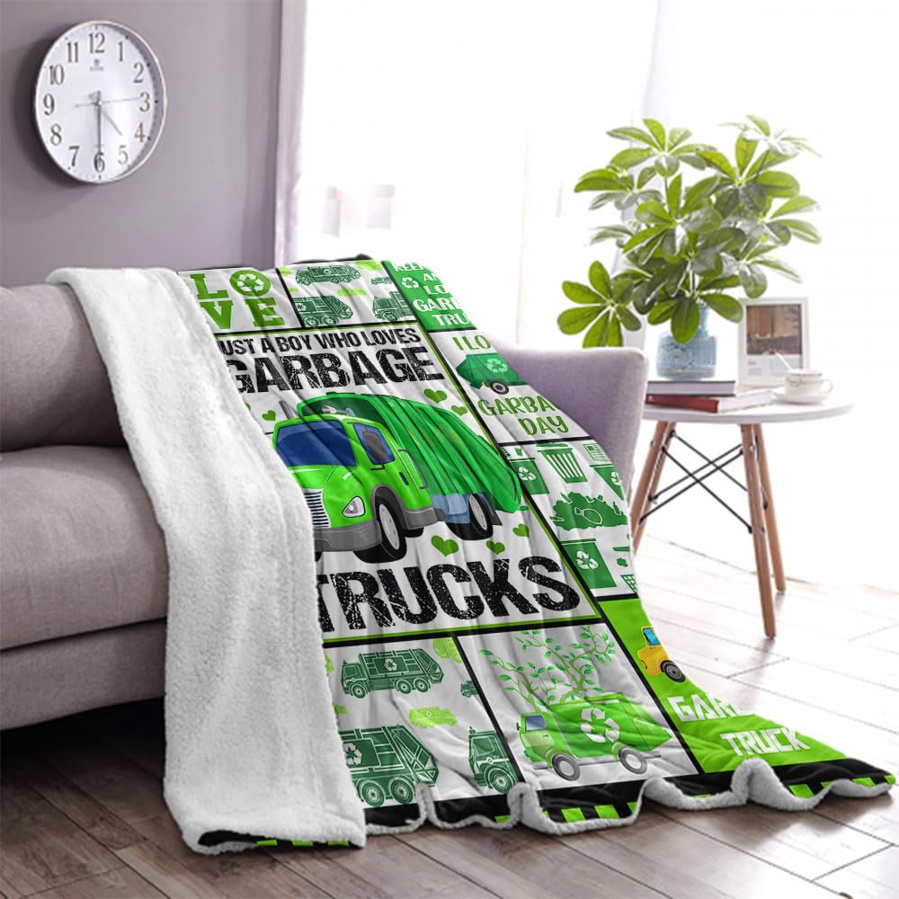 Just A Boy Who Loves Garbage Trucks Blanket, I Love Garbage Trucks Gifts Blanket for Boys Kids, Soft Cozy Warm Lightweight Throw Blanket for Living Room Couch Bed Sofa 60”x50”