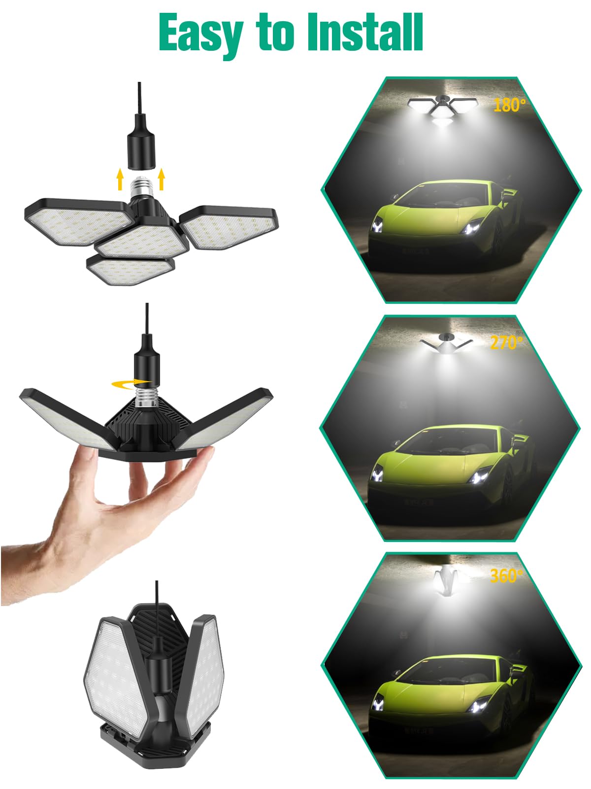 STODER Garage Lights Ceiling LED Adjustable Angles 120W 12000 Lumens 6500K Daylight Deformable Garage Ceiling E26/E27 Light Suitable for Garage Shop Basement Workshop (2Pack)