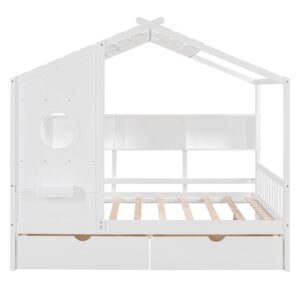 Full Size House Bed with Storage Drawers and Shelves, Wood Montessori House Bed Frame, Kids Playhouse Tent Bed for Girls Boys, White