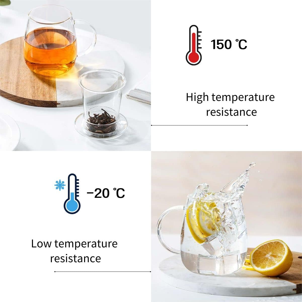 JPPSUJJ Glass Tea Cup with Infuser and Lid, Steeping Mug with Removable Strainer and Lid for Loose Leaf Tea, Borosilicate Glass Mug for Blooming Tea (Clear, 17.6 oz Capacity)