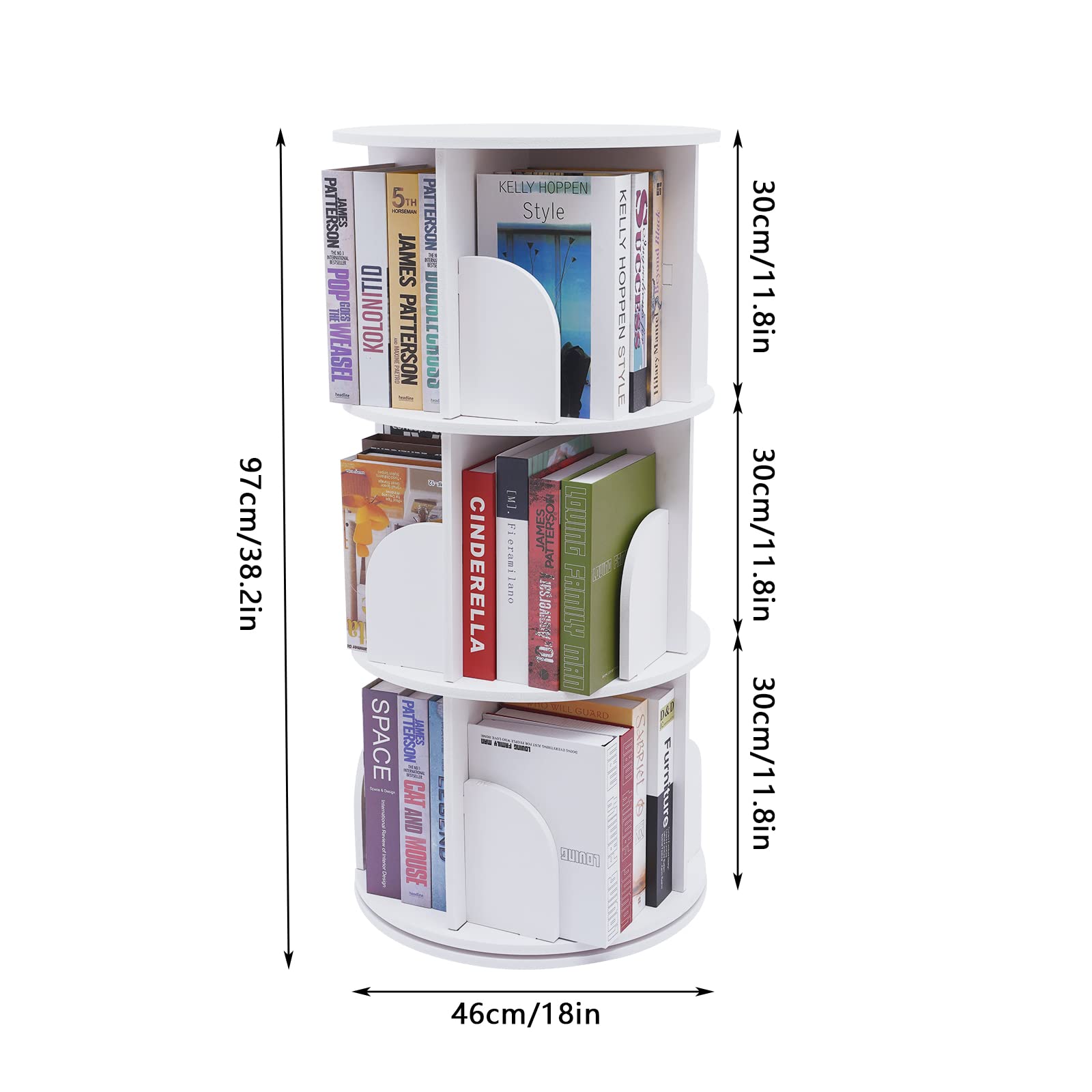 3 Tier White Rotating Bookshelf, 360 Display Small Book Shelf, Corner Bookshelf for Small Space, Floor Standing Bookcase Storage Rack, PVC Narrow Book Shelf Organizer for Office, Bedroom, Living Room