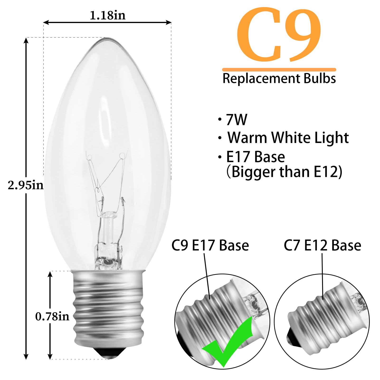 AUMAYCO C9 Replacement Bulbs Clear Incandescent Bulbs 25 Pack, C9 Christmas Light Replacement Bulbs for Christmas String Light, E17 Intermediate Base, 7 Watt Per Bulb