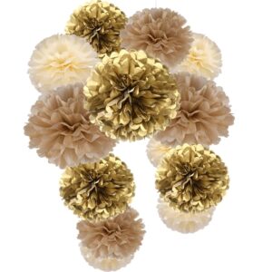 gold champagne gold and ivory white paper flower tissue pom poms for baby shower bridal engagement bachelor birthday graduation retirement theme party, 12pc