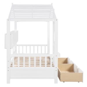 Twin Size House Bed with Storage Drawers and Shelves, Wood Montessori House Bed Frame, Kids Playhouse Tent Bed for Girls Boys, White