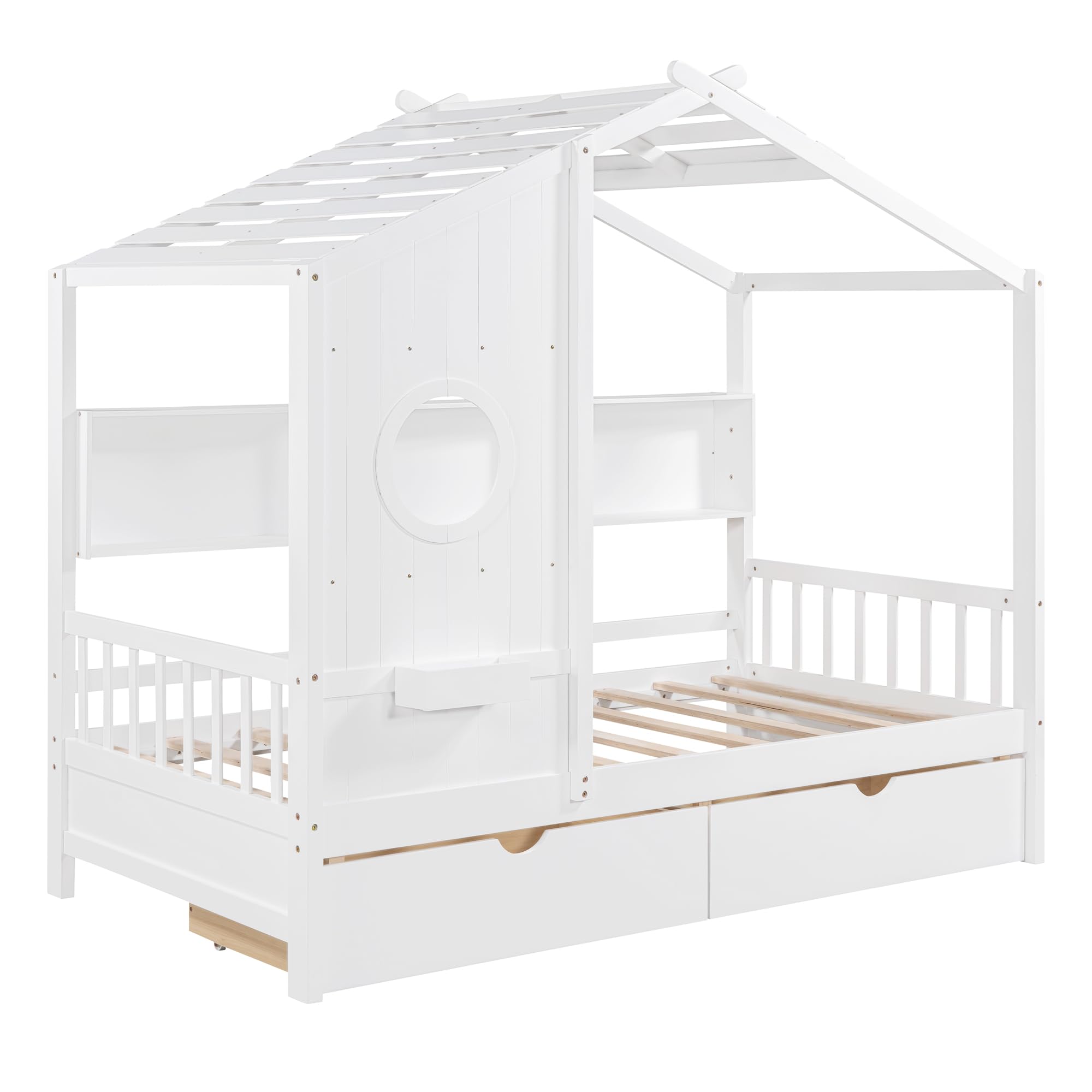 Twin Size House Bed with Storage Drawers and Shelves, Wood Montessori House Bed Frame, Kids Playhouse Tent Bed for Girls Boys, White