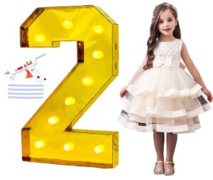 langxun 40inch gold large led light up numbers for 1st 21st birthday decor, with hot glue gun and bracket, marquee light up numbers party wedding decor graduation baby shower photo background decoration (number 2)